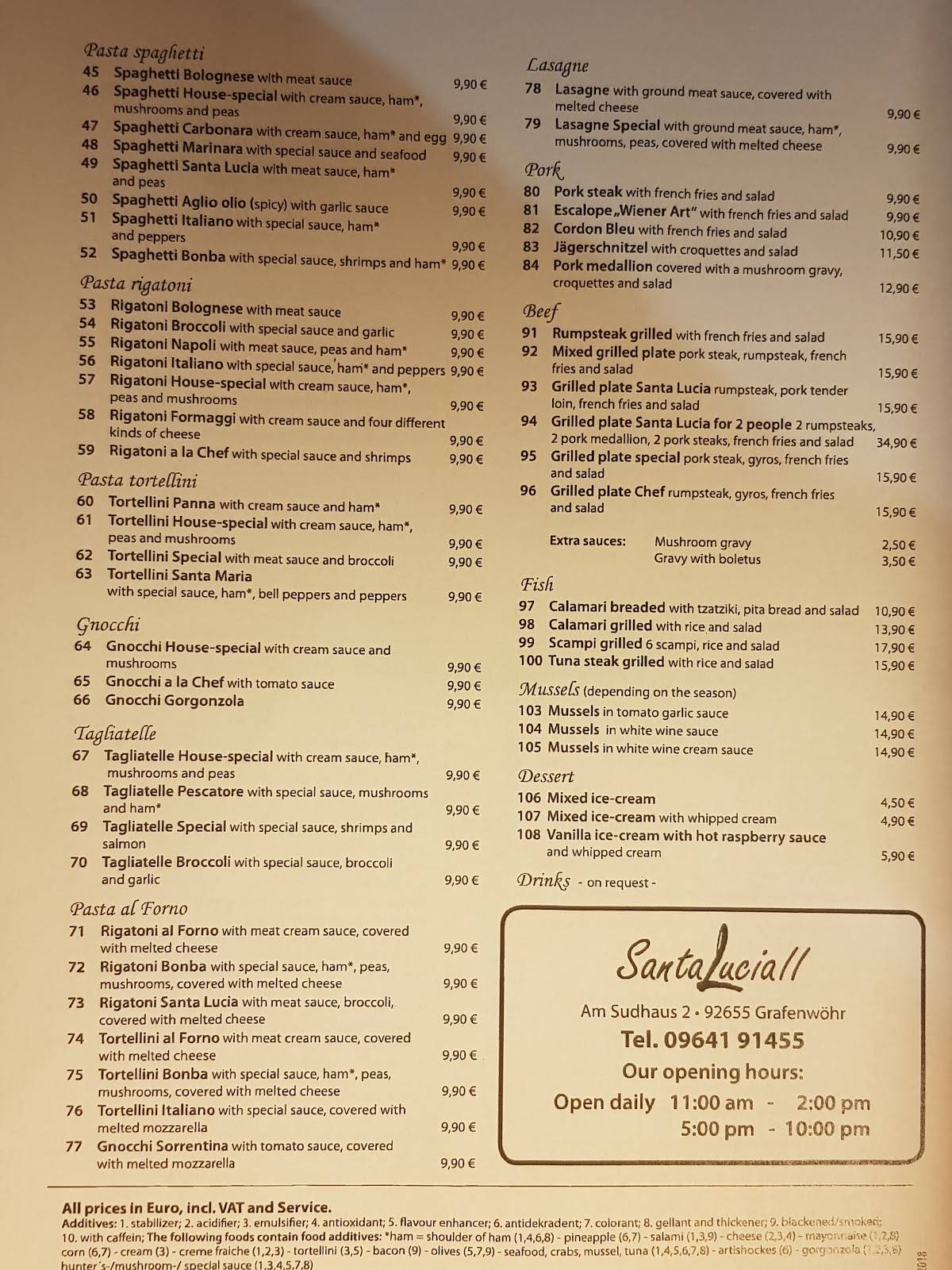Menu at Pizzeria Santa Lucia II, Grafenwöhr