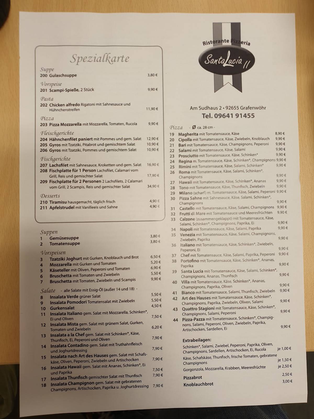 Menu at Pizzeria Santa Lucia II, Grafenwöhr
