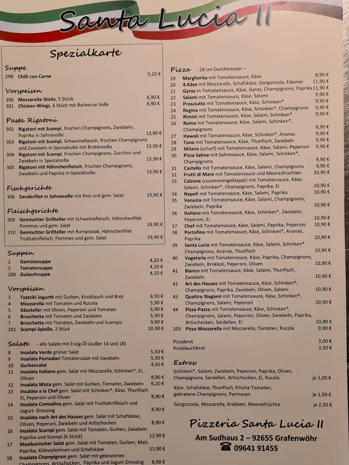 Menu at Pizzeria Santa Lucia II, Grafenwöhr