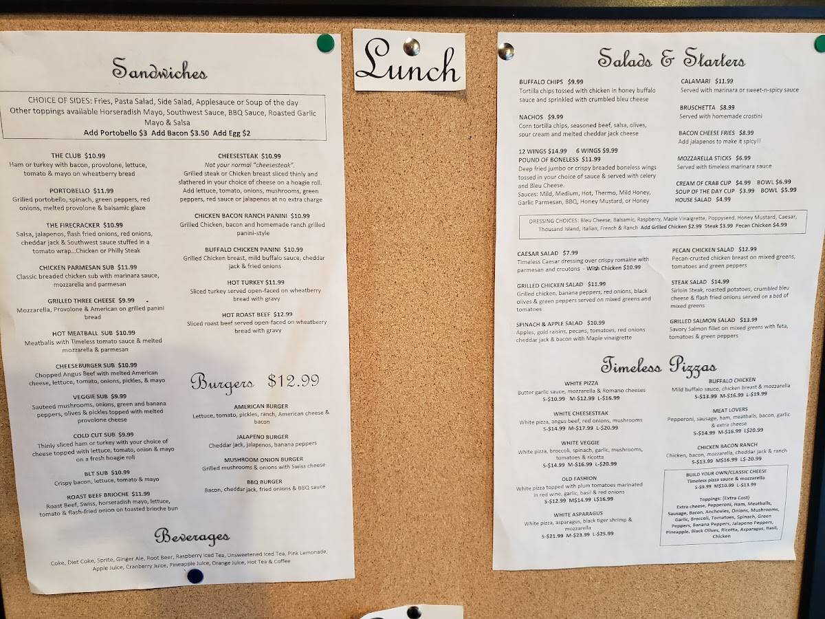 Menu at Timeless Destination pizzeria, Wellsboro
