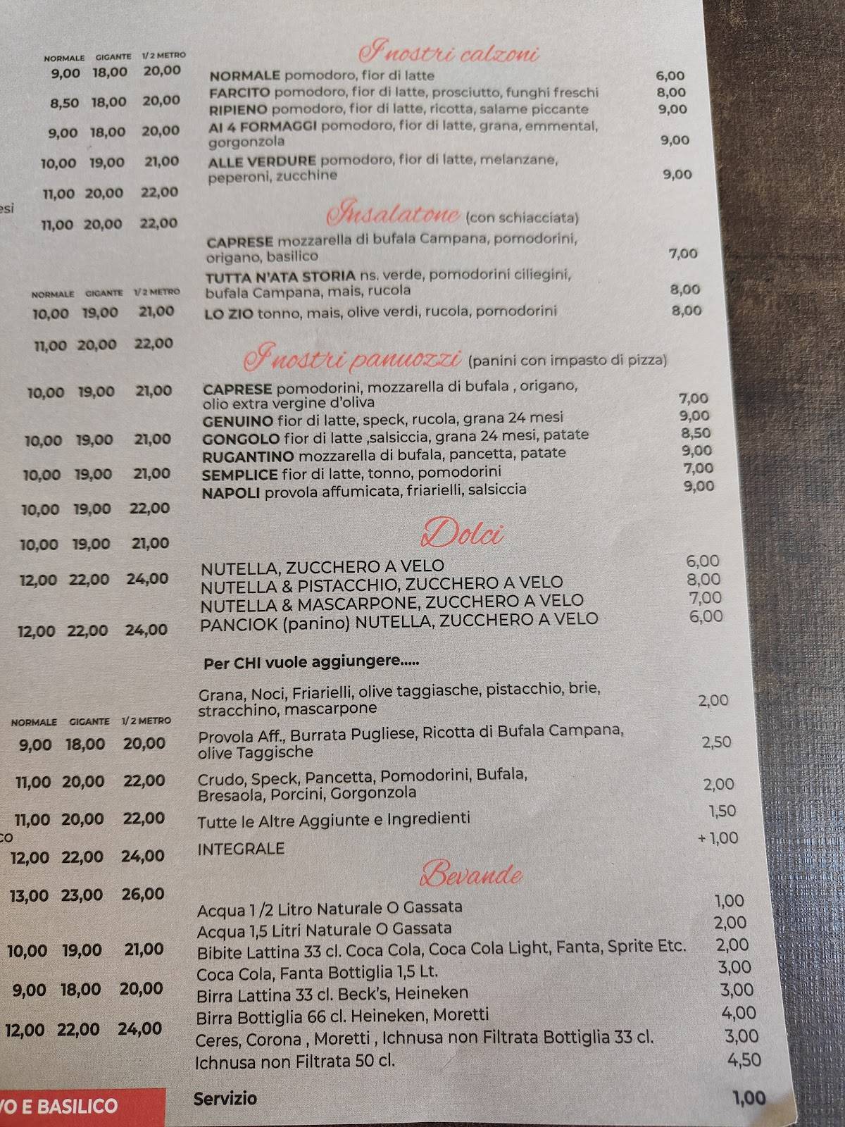 Menu da Pizzeria tutta n’ata storia, Trieste