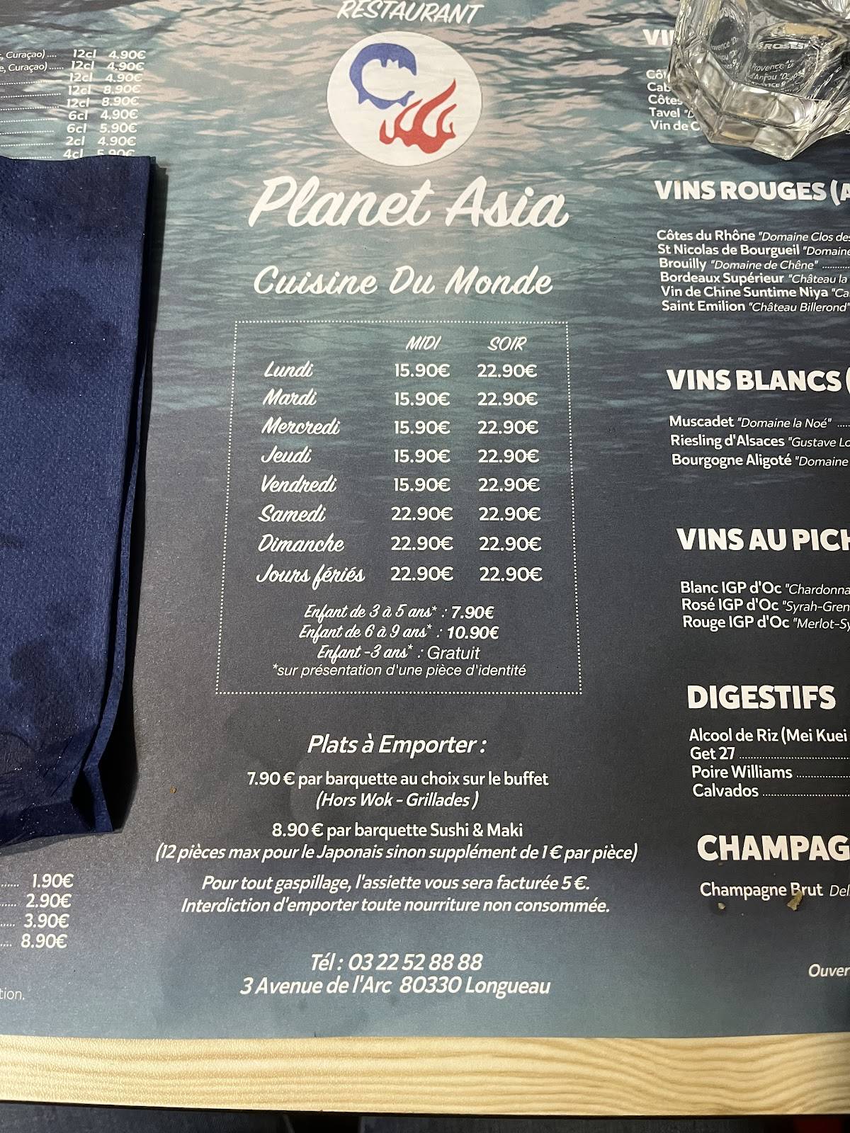 Menu au Planet Asia restaurant, Longueau