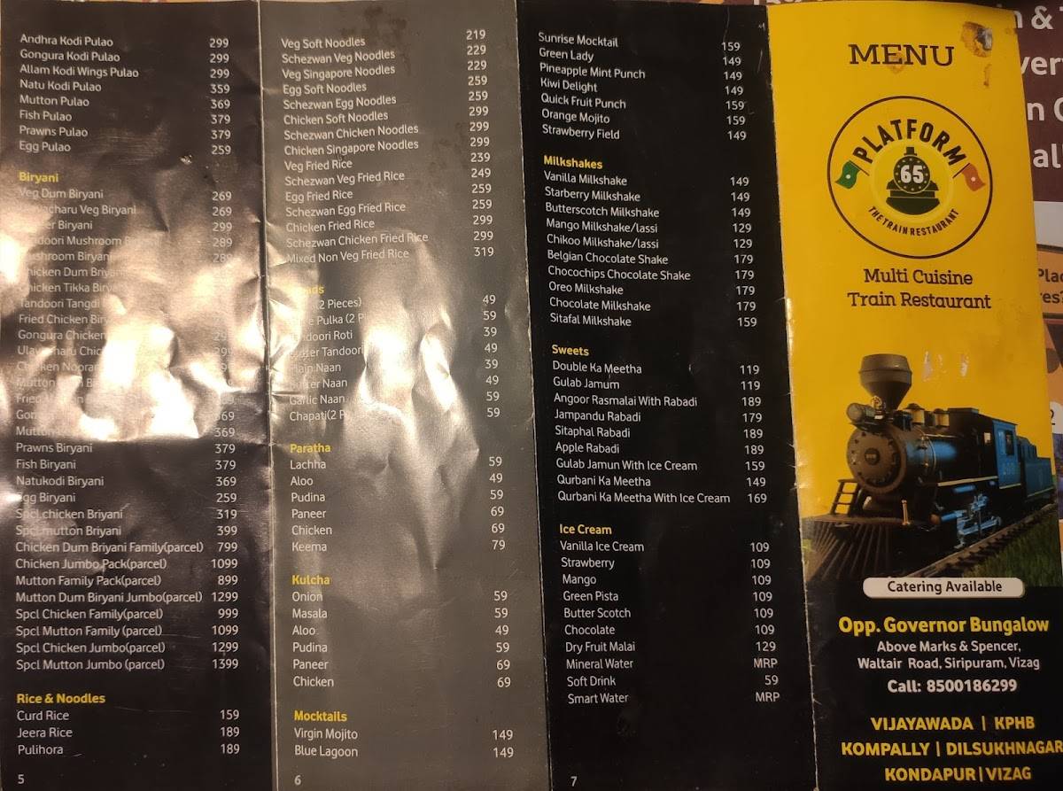 Menu at Platform65 The Train Theme Restaurant - Vizag, Visakhapatnam
