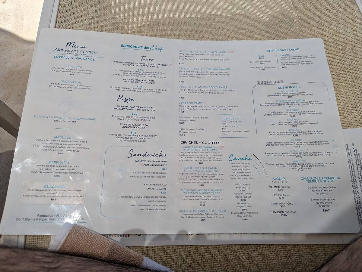 Carta de Mamita's Beach Club, Playa del Carmen