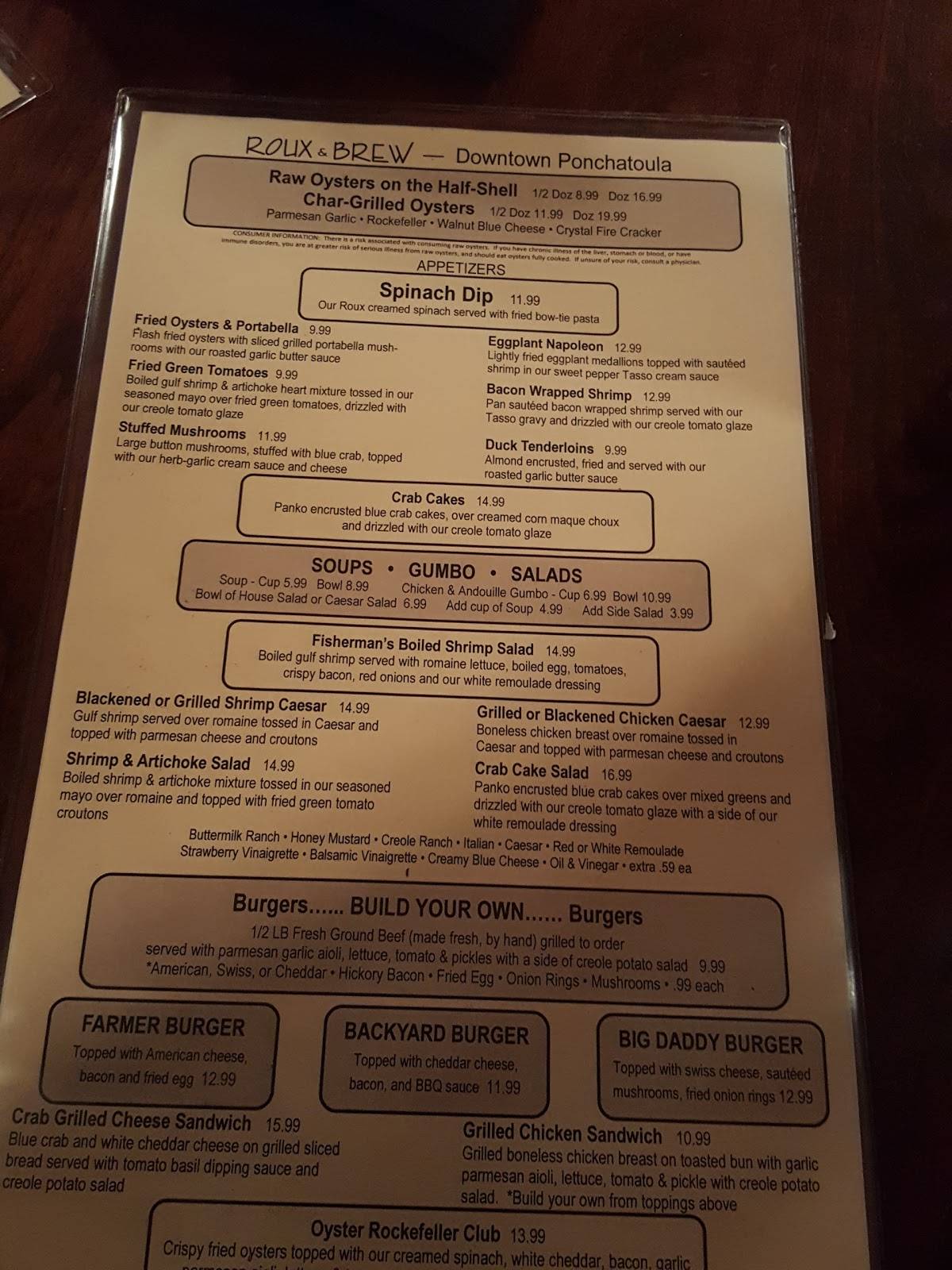 Menu at Roux & Brew Seafood and Steak House pub & bar, Ponchatoula