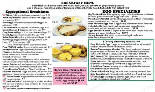 Menu at Poor Richard's Cafe, Plano