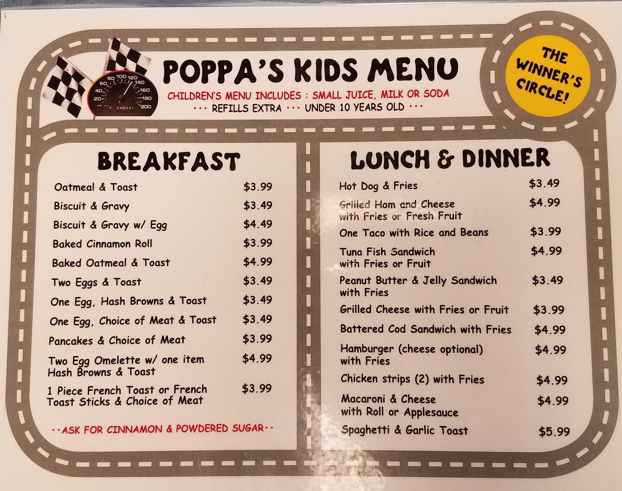 Menu at Poppa's Place Tres restaurant, Tecumseh