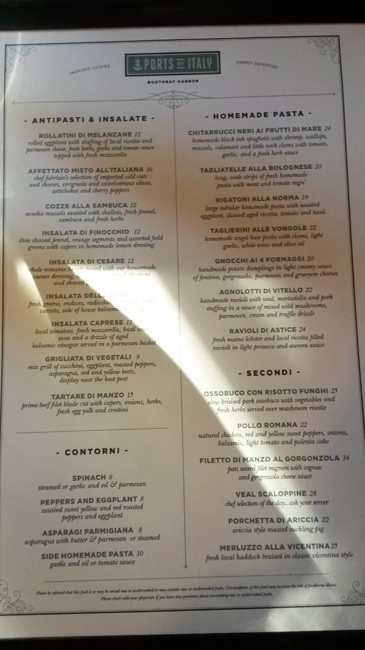 Menu at Ports of Italy, Boothbay Harbor restaurant, Boothbay Harbor
