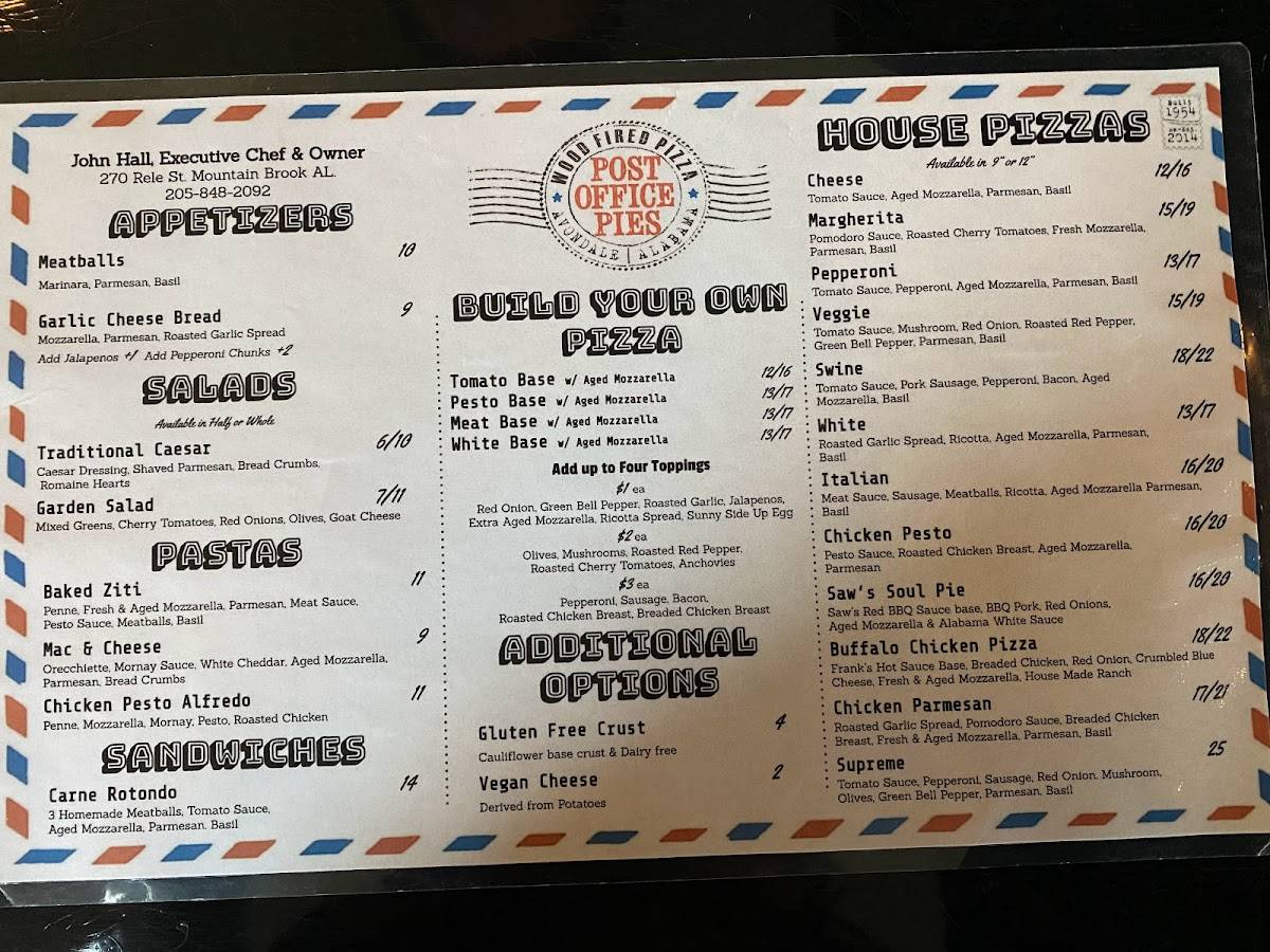 Menu at Post Office Pies Mountain Brook pub & bar, Mountain Brook