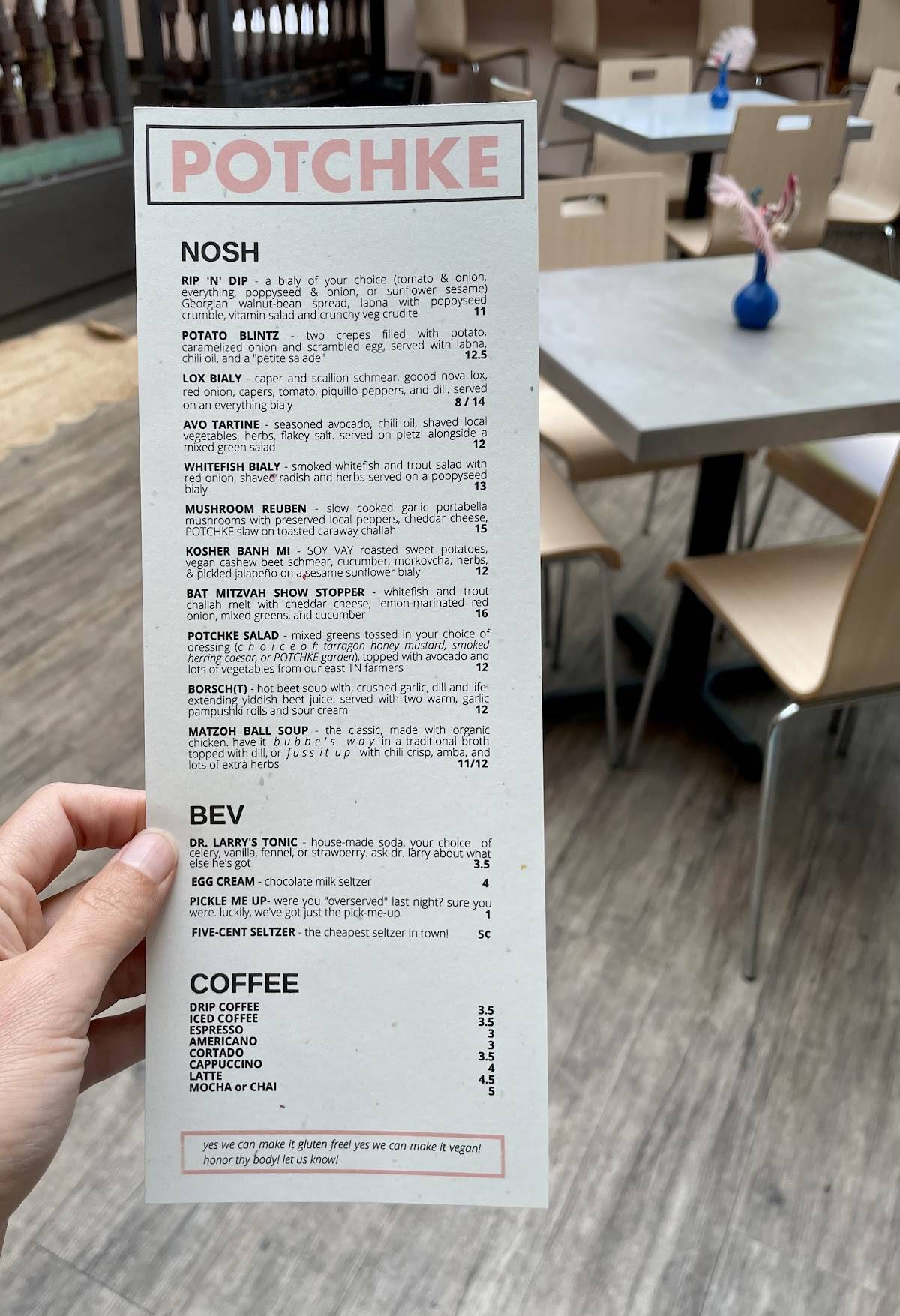 Menu at Potchke restaurant, Knoxville