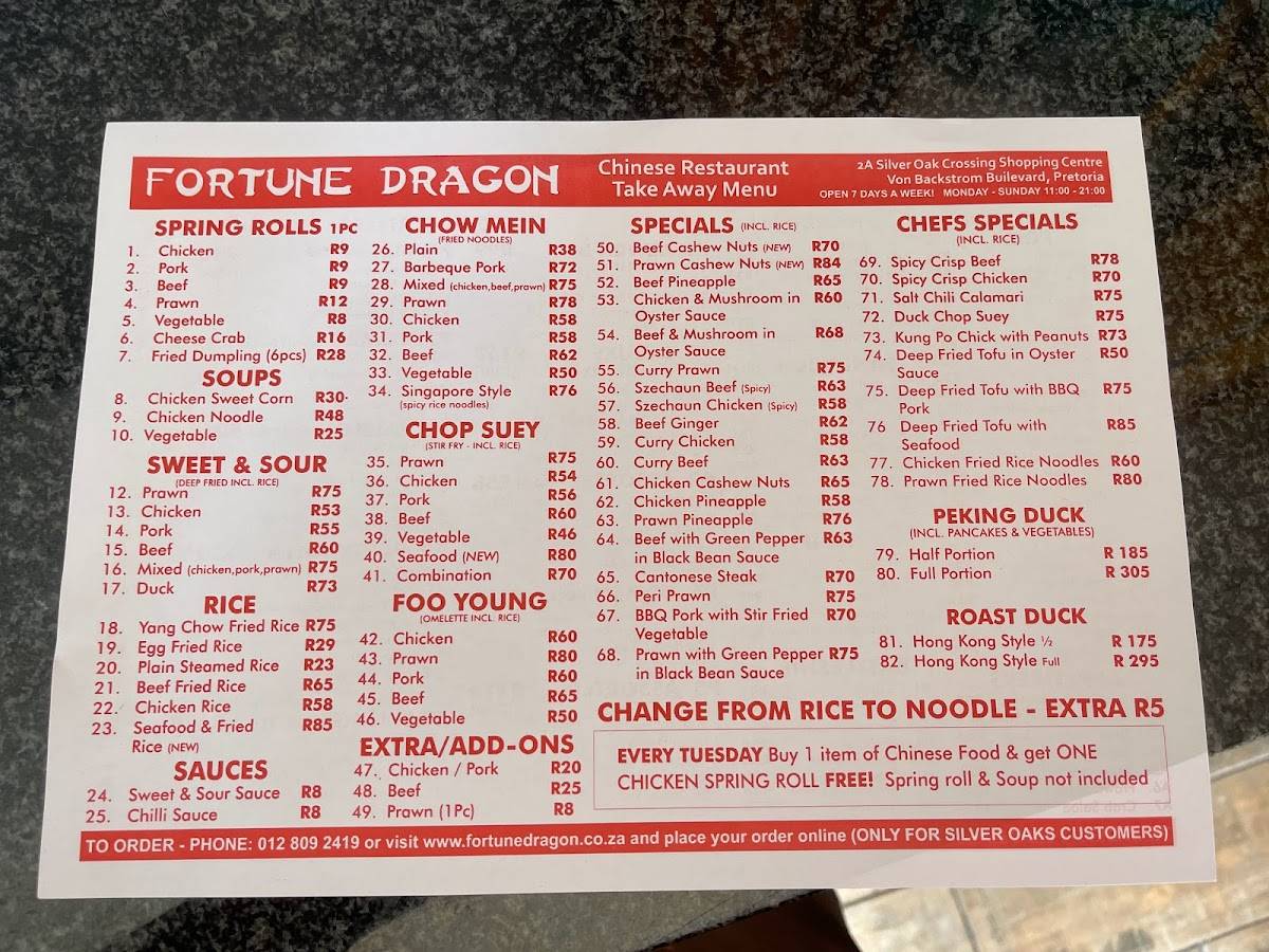 Menu at Fortune Dragon restaurant, Pretoria, Silver Oaks Crossing