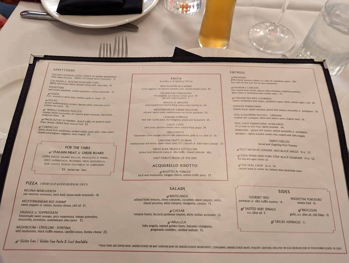Menu at Pricci restaurant, Atlanta, 500 Pharr Rd NE