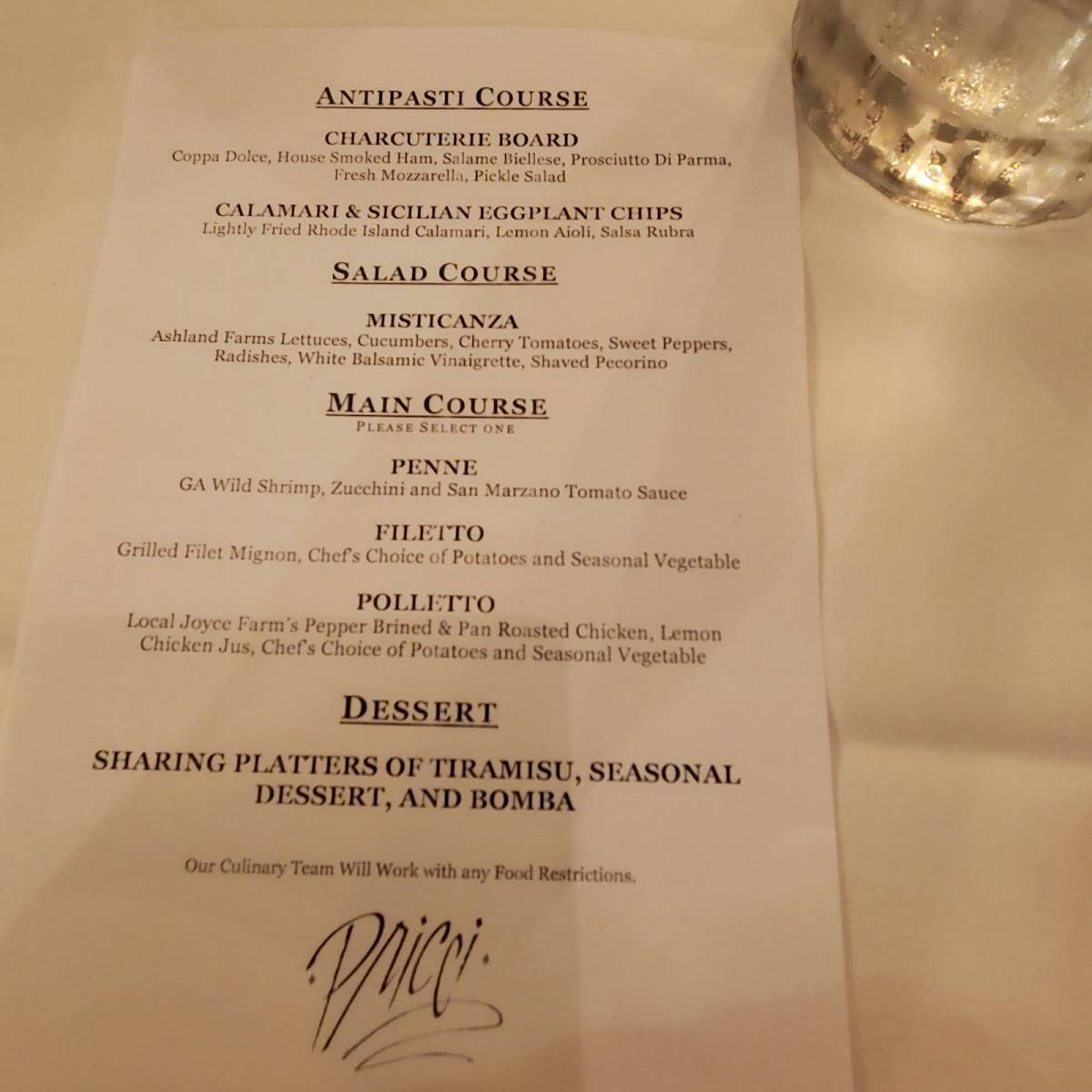 Menu at Pricci restaurant, Atlanta, 500 Pharr Rd NE