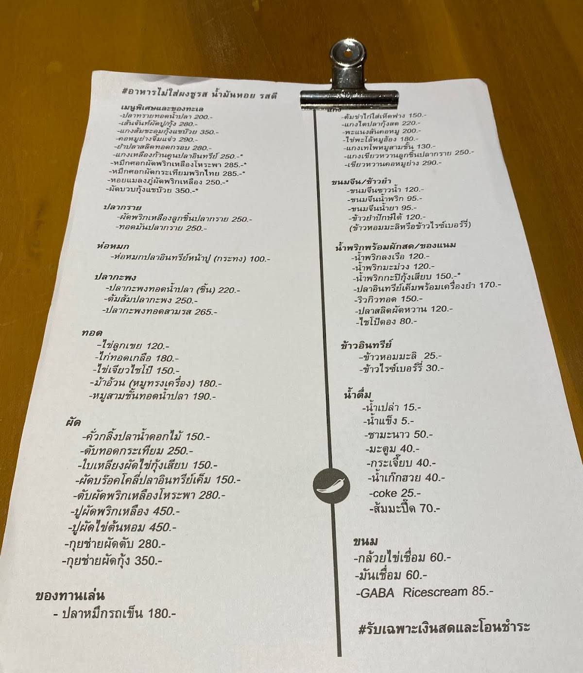 Menu at Prik-Yuak restaurant, Bangkok