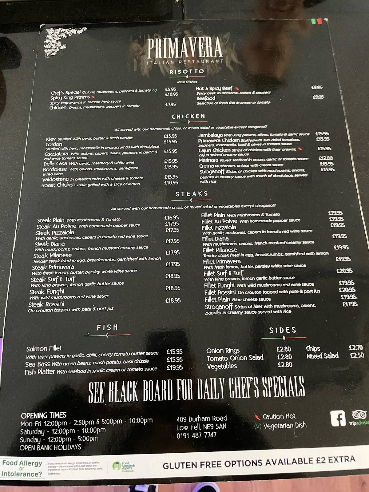 Menu at Primavera restaurant, Gateshead