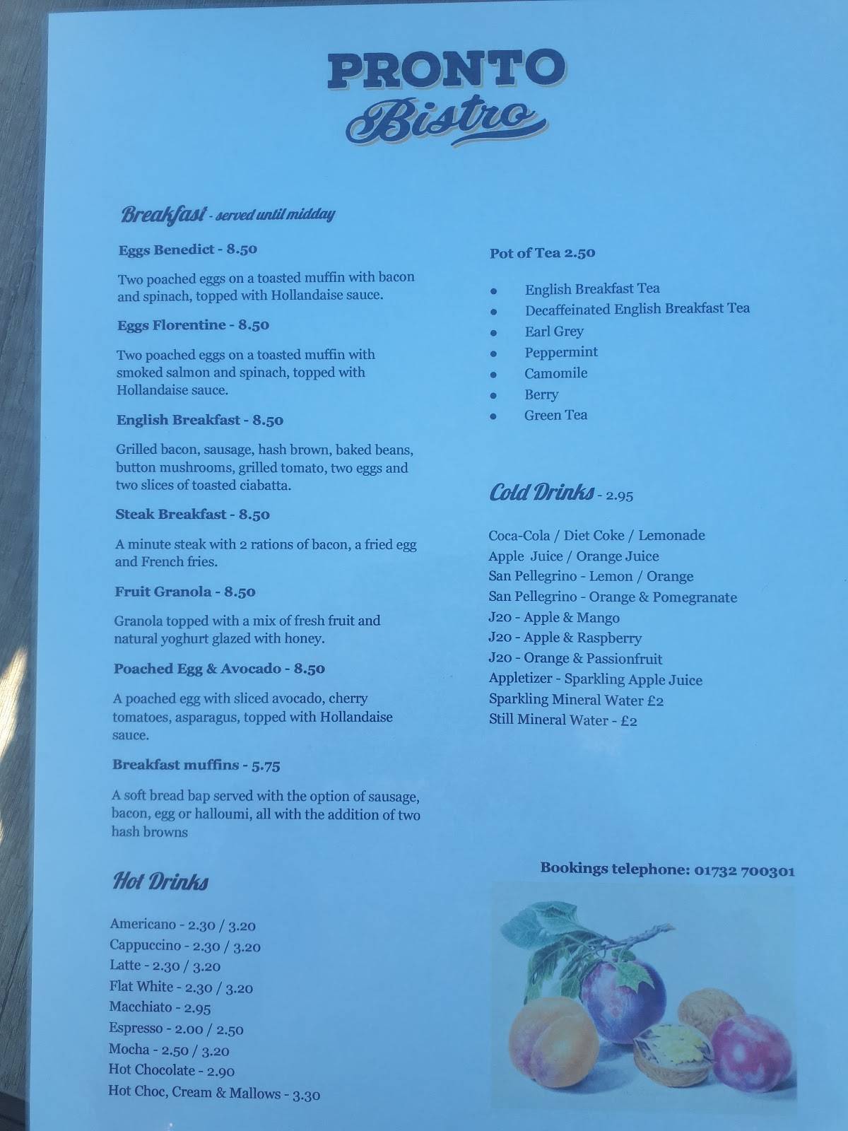 Menu at Pronto bistro cafe, Edenbridge