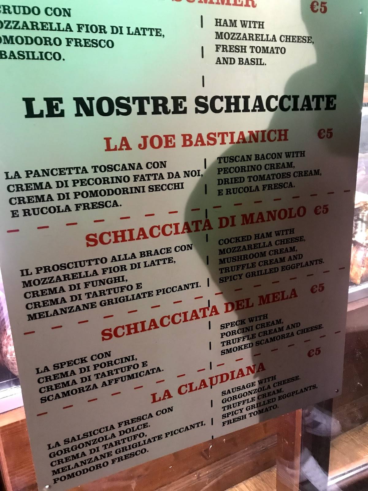 Menu at All’Antico Vinaio cafe, Florence