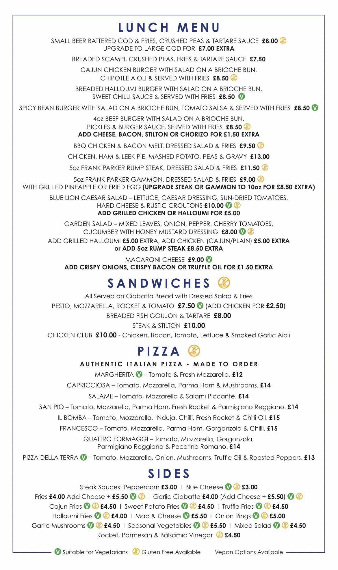 Menu at Blue Lion pub & bar, Atherstone, 8 Church Rd