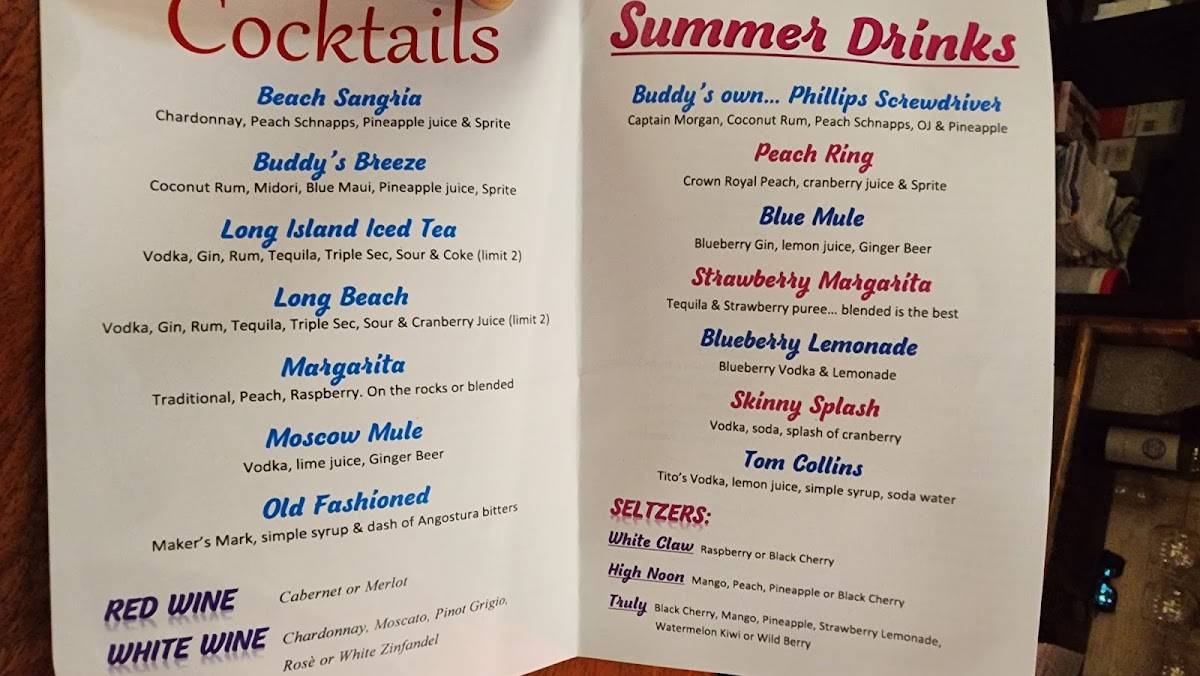 Menu at Buddy's on the Beach pub & bar, Lake Odessa