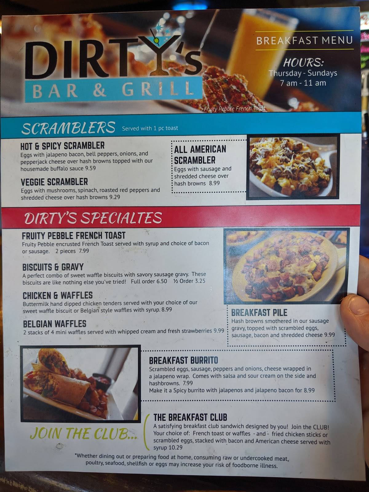 Menu at Dirty's Bar & Grill, Charleston