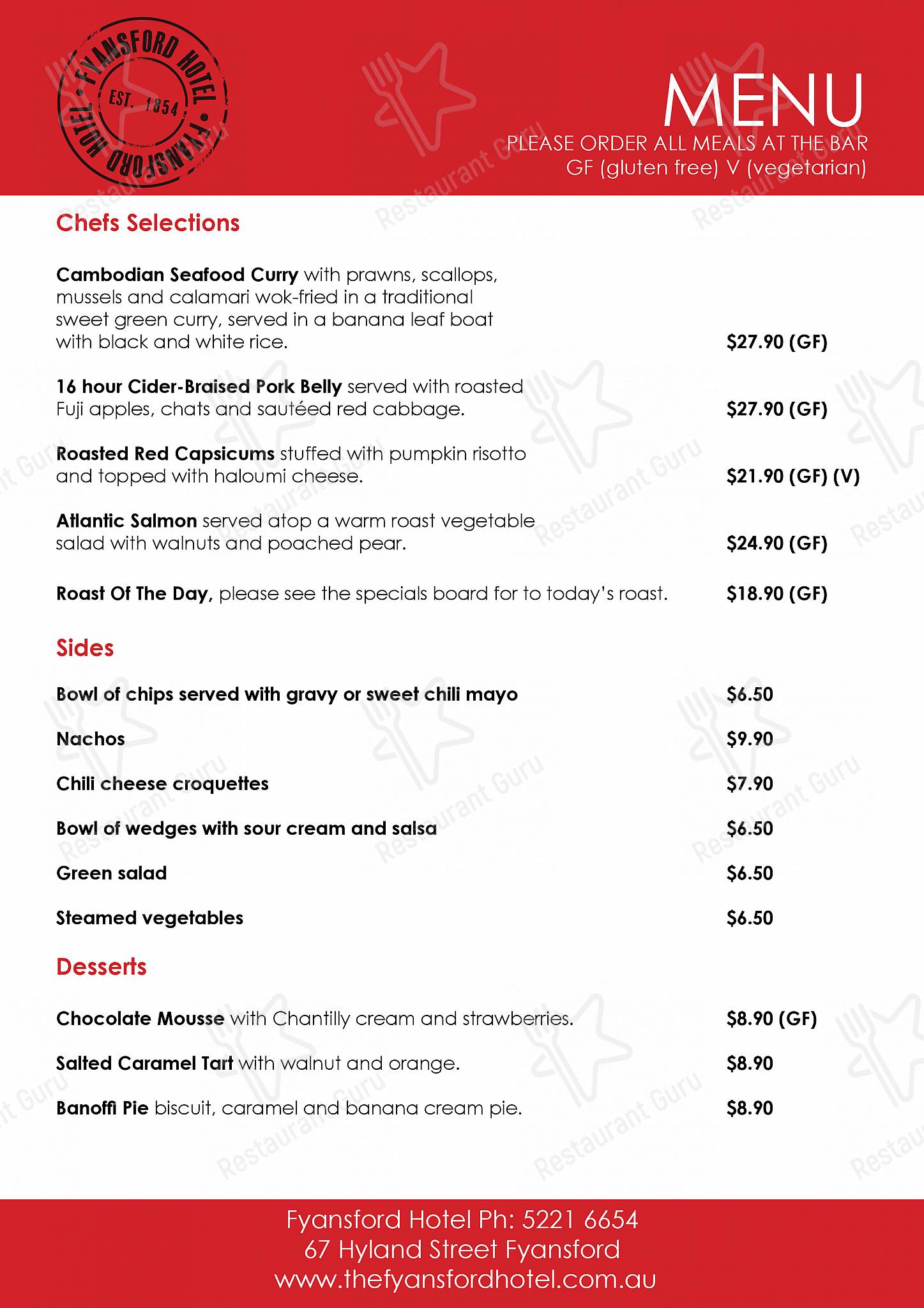 Menu at Fyansford Hotel pub & bar, Fyansford