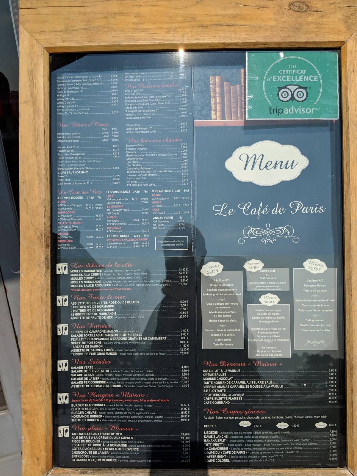 Menu at Le Café de Paris, Honfleur