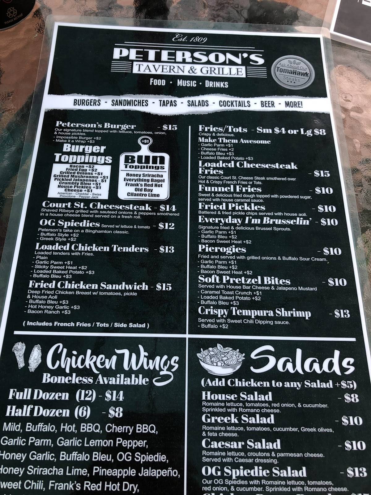 Menu at Peterson's Tavern pub & bar, Binghamton