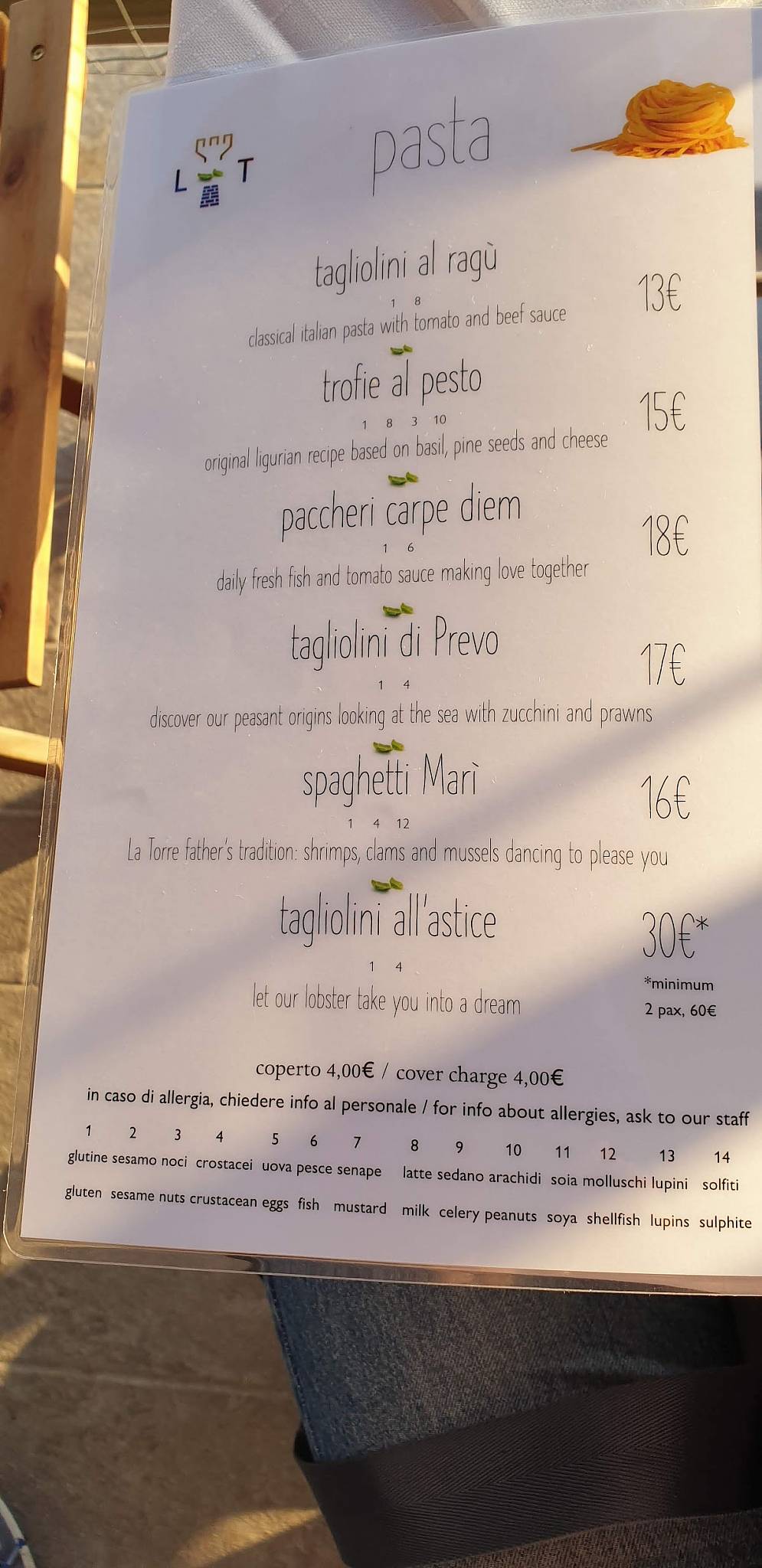 Menu da Ristorante La Torre, Vernazza