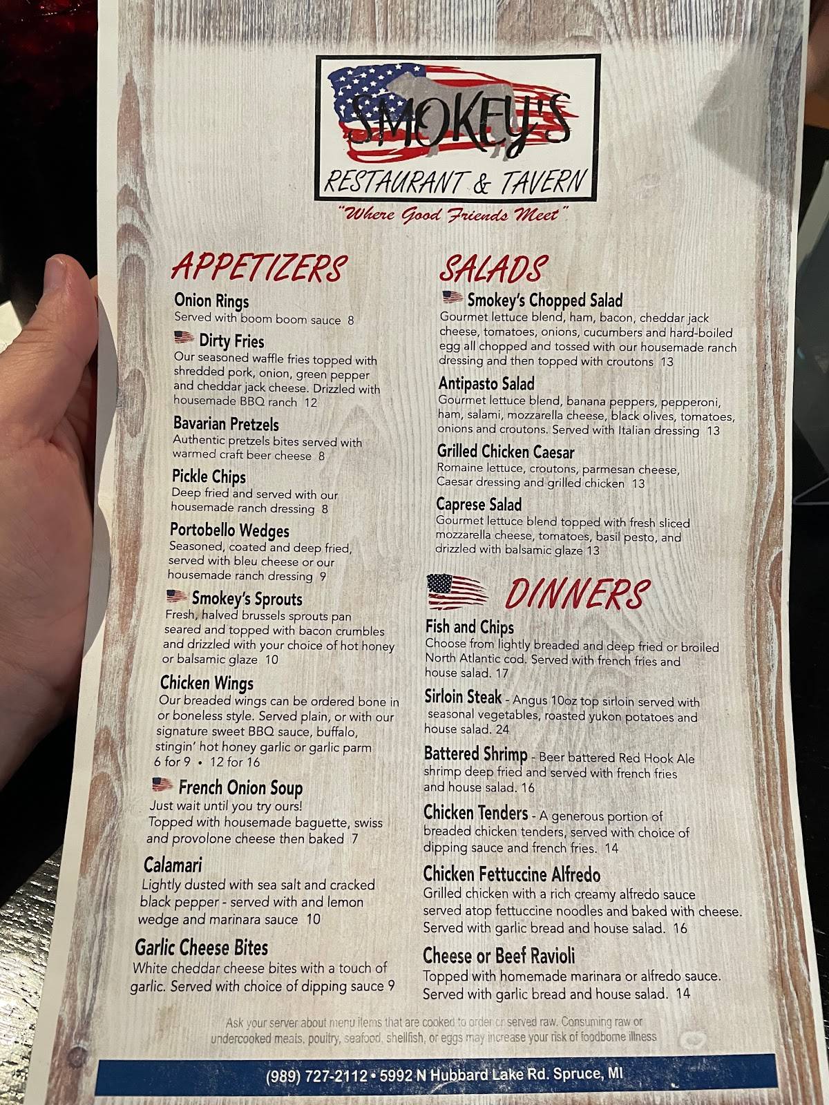 Menu at Smokey's Restaurant and Tavern, Hubbard Lake