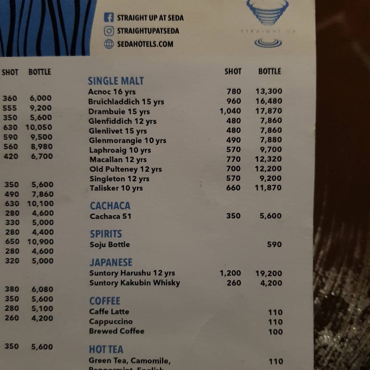 Menu at Straight Up Bar at Seda BGC, Taguig, Seda Hotel Rooftop
