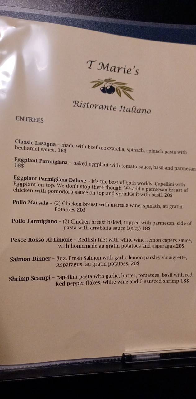 Menu at T Marie's Ristorante Italiano pub & bar, Mobile