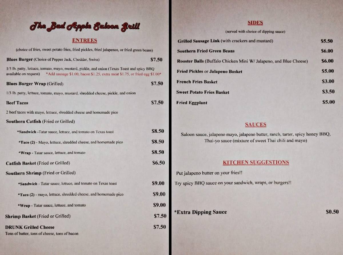 Menu at The Bad Apple Saloon Bar and Grill, Lake Charles