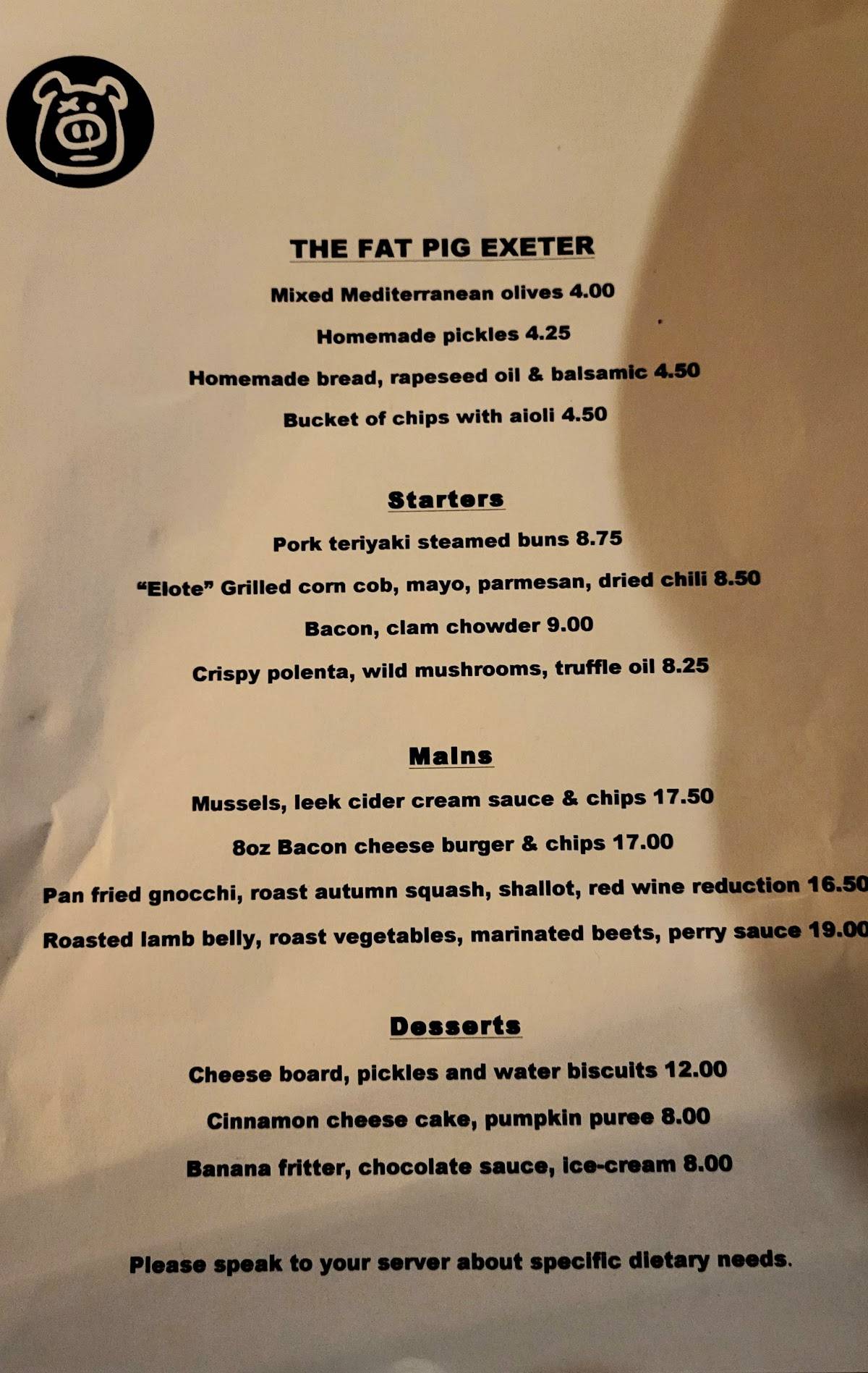 Menu at The Fat Pig pub & bar, Exeter