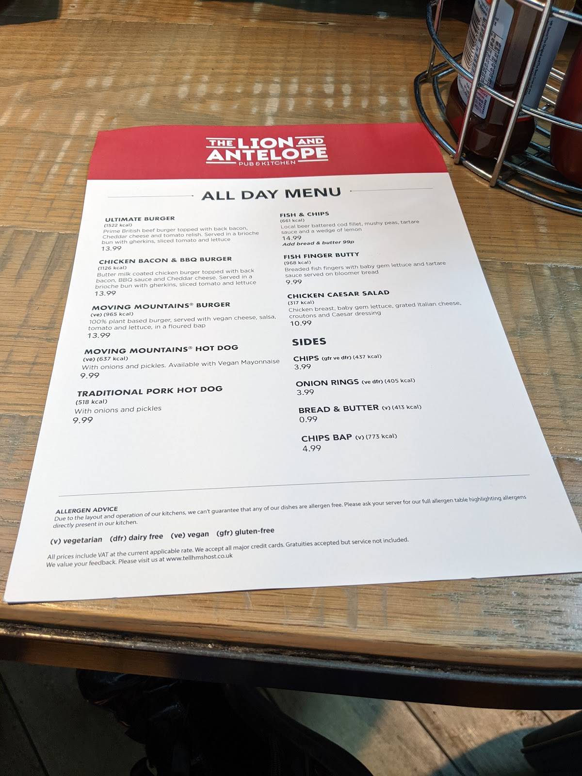 Menu at The Lion and Antelope pub & bar, Manchester