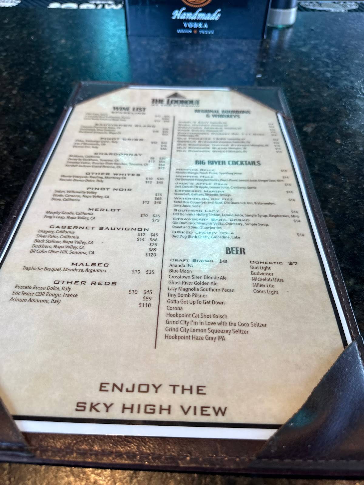 Menu at The Lookout at the Pyramid pub & bar, Memphis