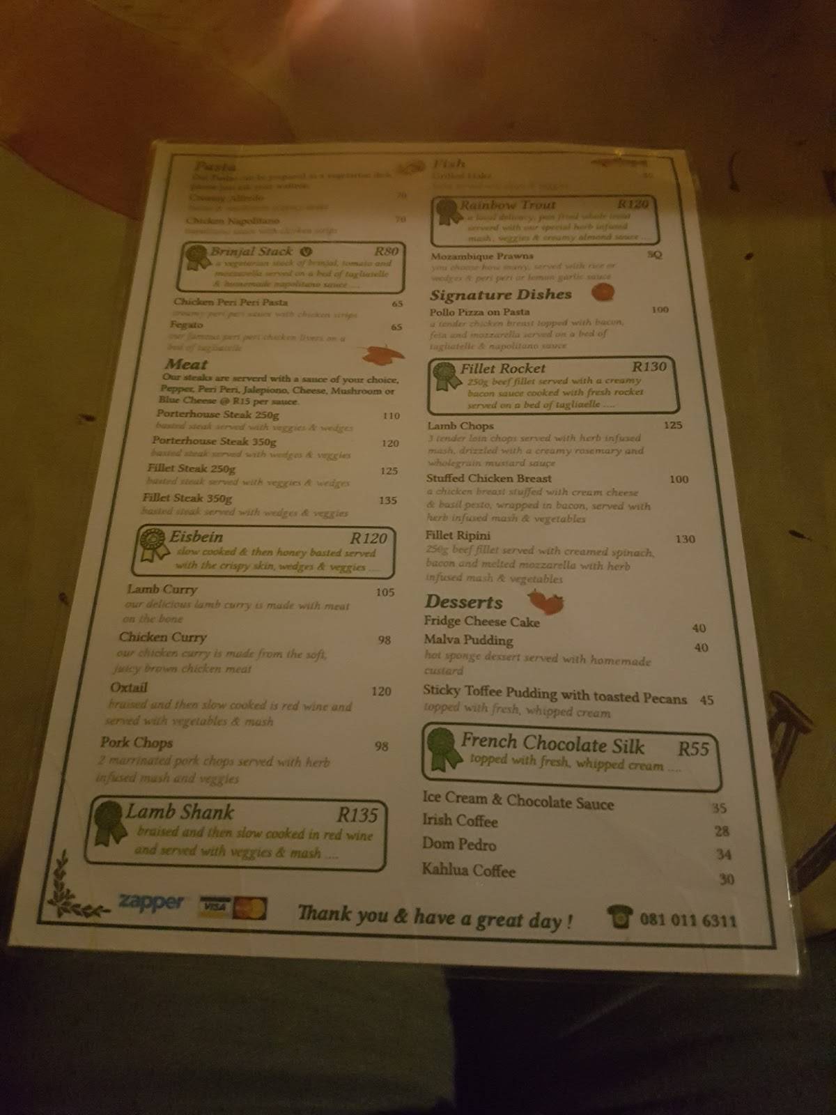Menu at The Old Hatchery & Waterfall Restaurant, Underberg