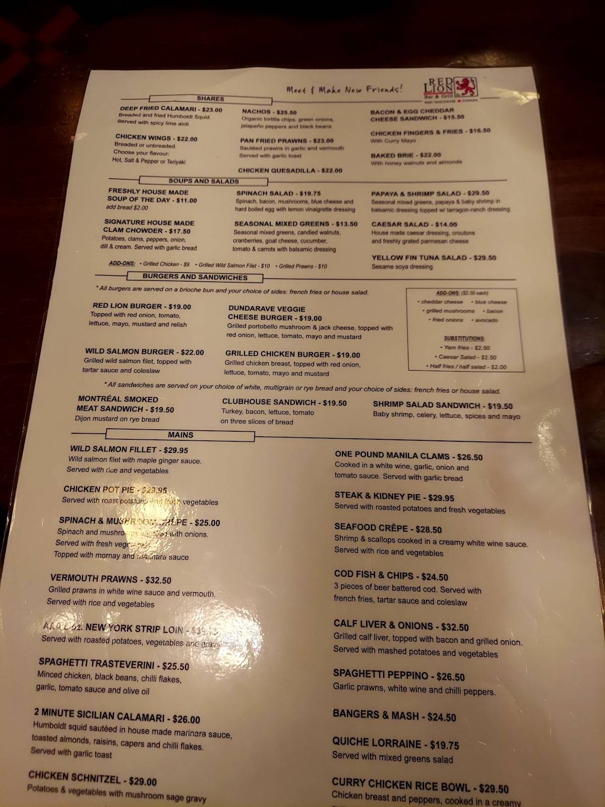 Menu at The Red Lion Bar & Grill, West Vancouver