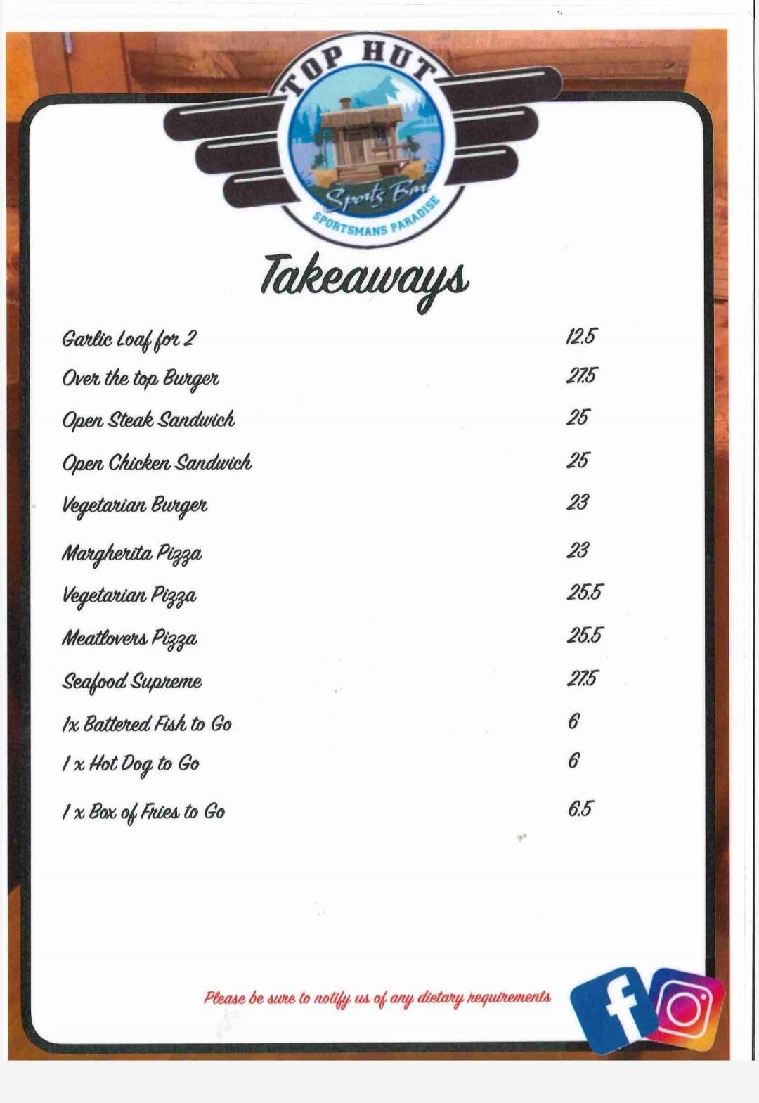 Menu at Top Hut Bar & Bistro, Twizel