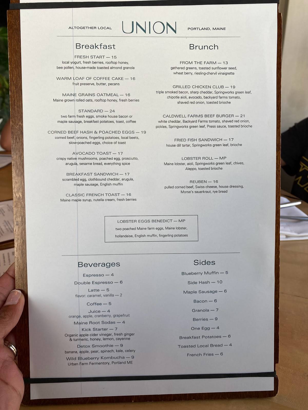 Menu at UNION Restaurant, Portland