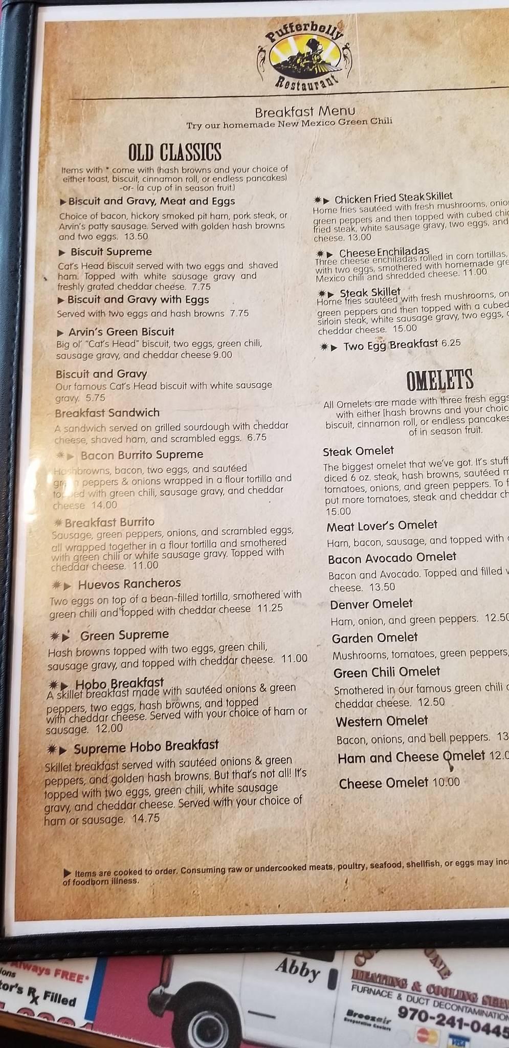 Menu at Pufferbelly Station Restaurant, Grand Junction