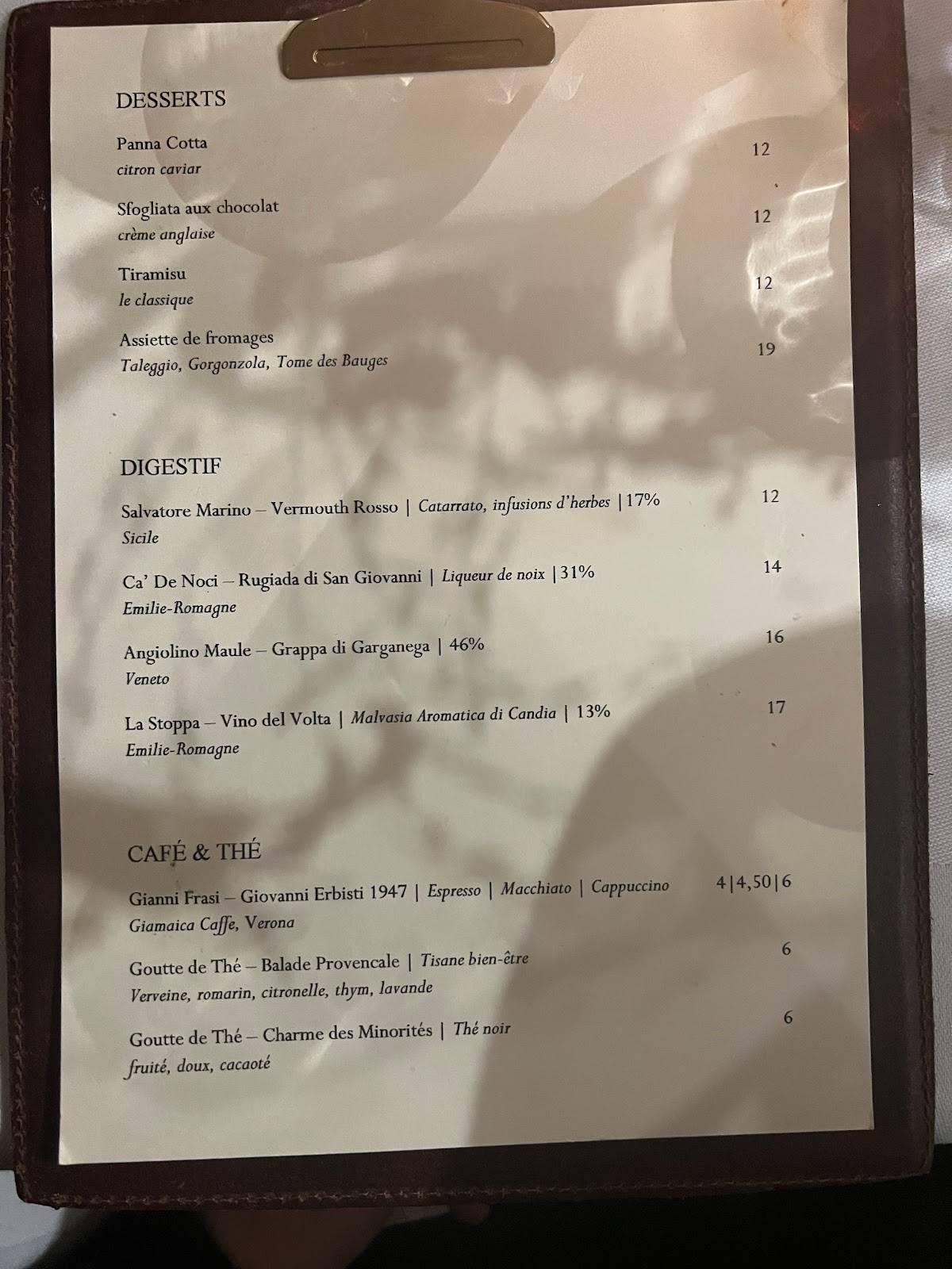 Menu at Racines restaurant, Paris, 8 Pass. des Panoramas