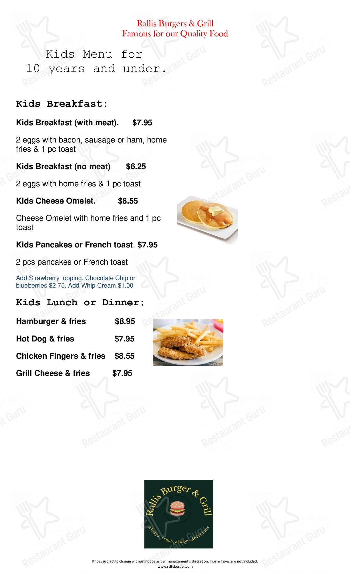 Menu at Rallis Burger & Grill restaurant, Acton