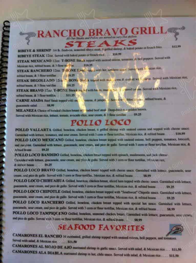 Menu at Rancho Bravo restaurant, Pocahontas