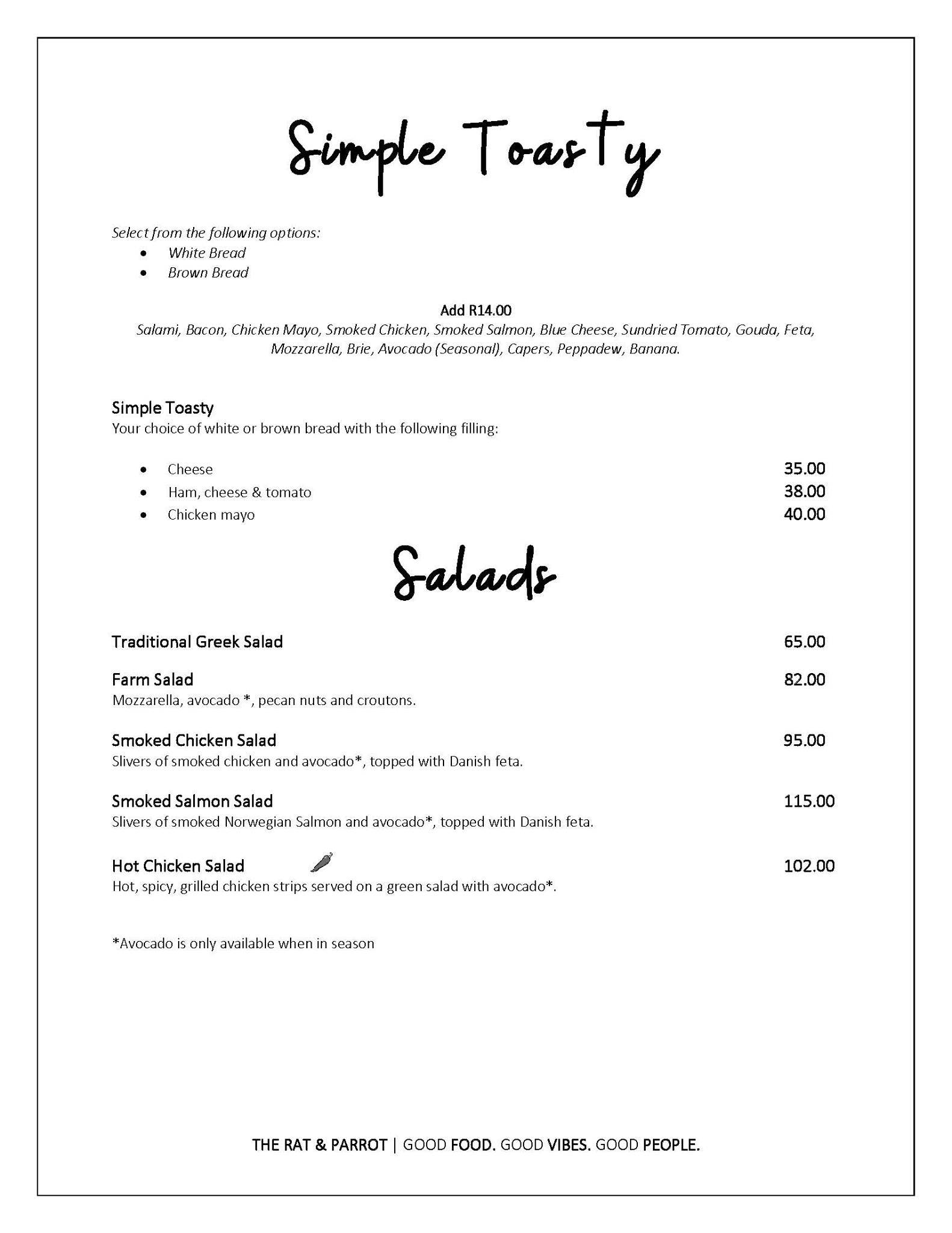 Menu at Rat & Parrot Grahamstown restaurant, Grahamstown
