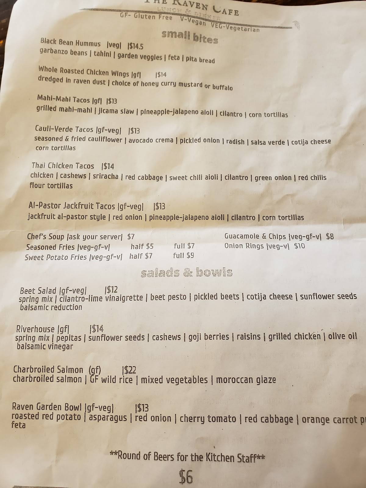Menu at Raven Cafe, Prescott