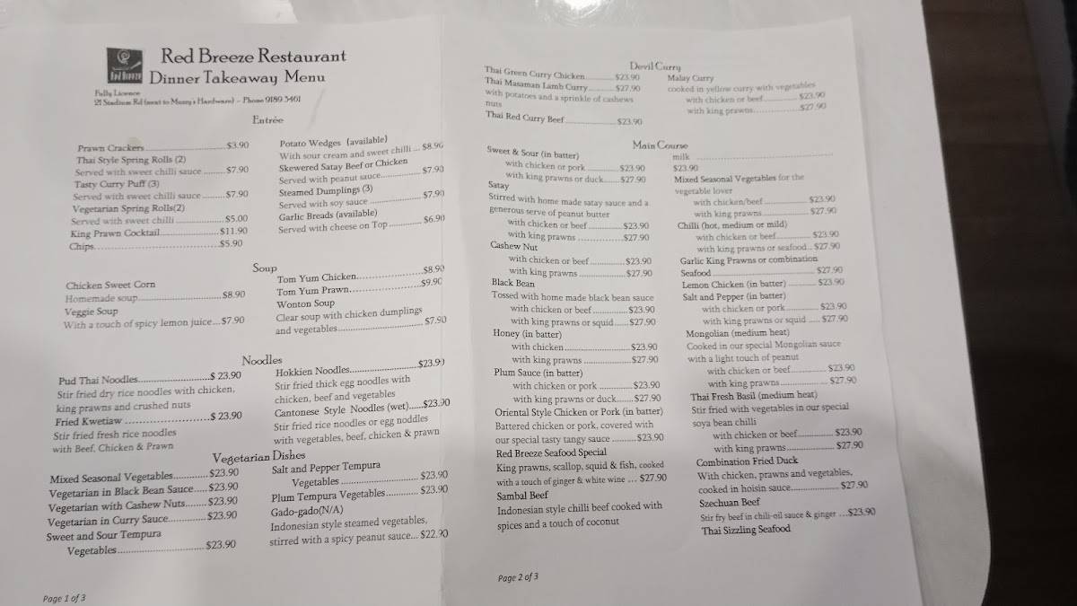 Menu at Red Breeze Restaurant, Tom Price