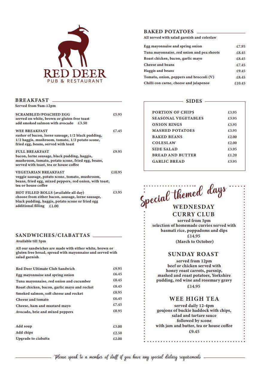 Menu at Red Deer Pub & Restaurant, Pitlochry