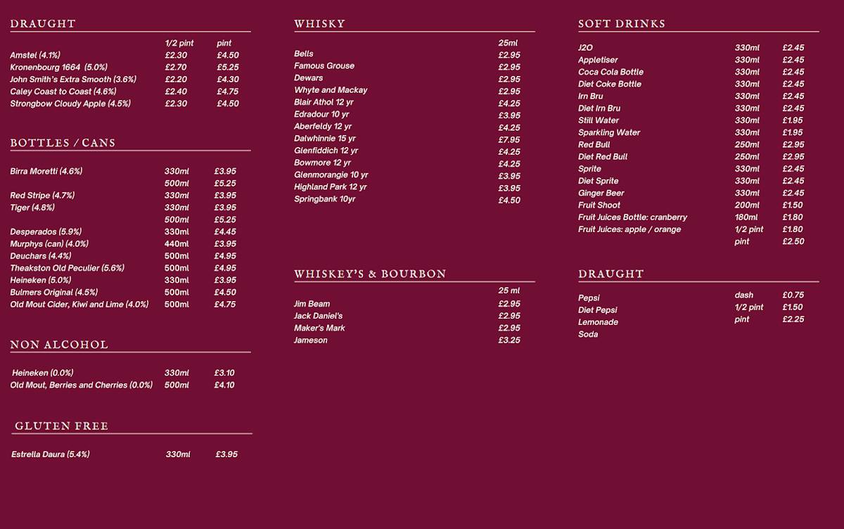 Menu at Red Deer Pub & Restaurant, Pitlochry