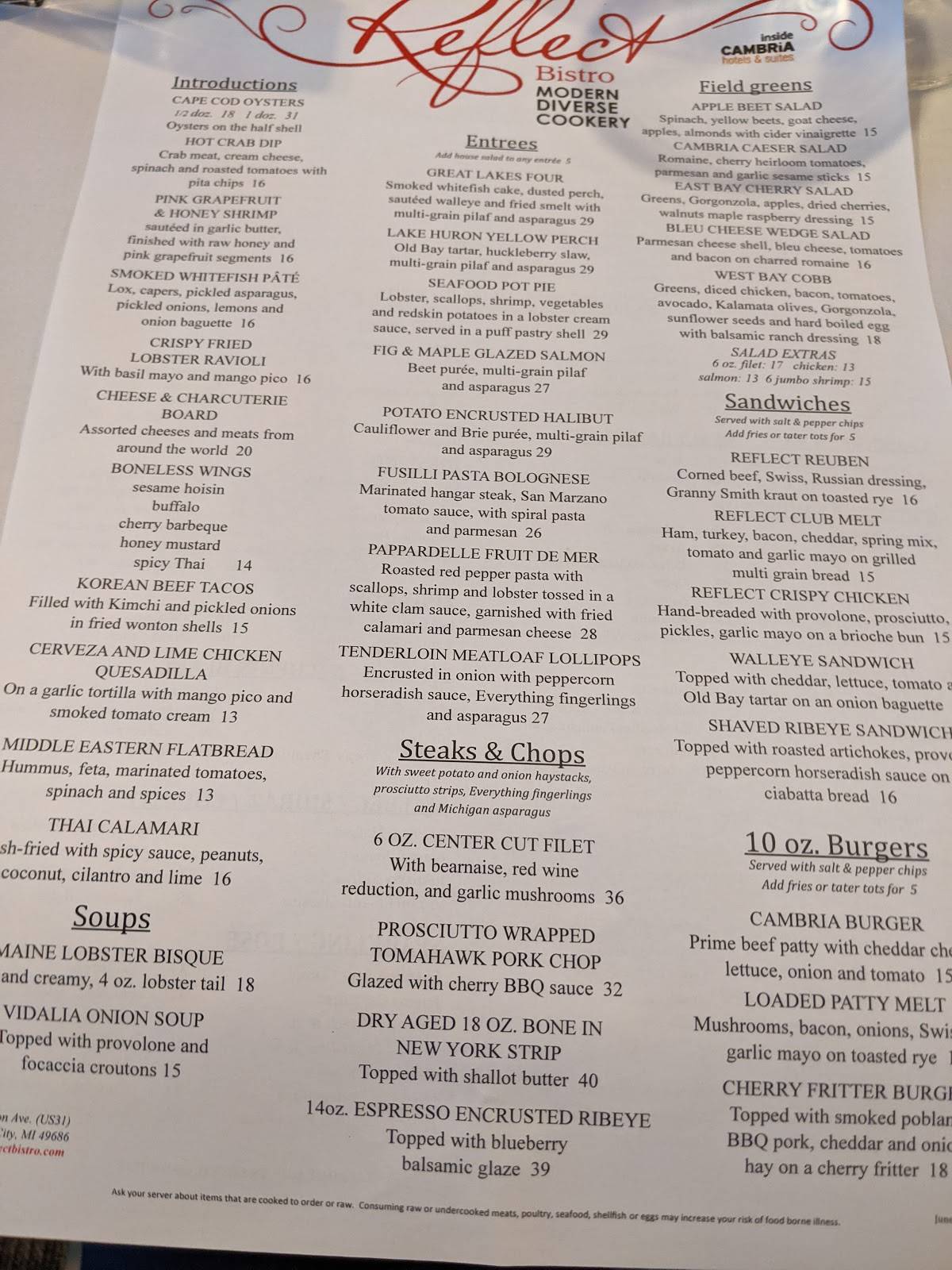 Menu at Reflect Bistro pub & bar, Traverse City