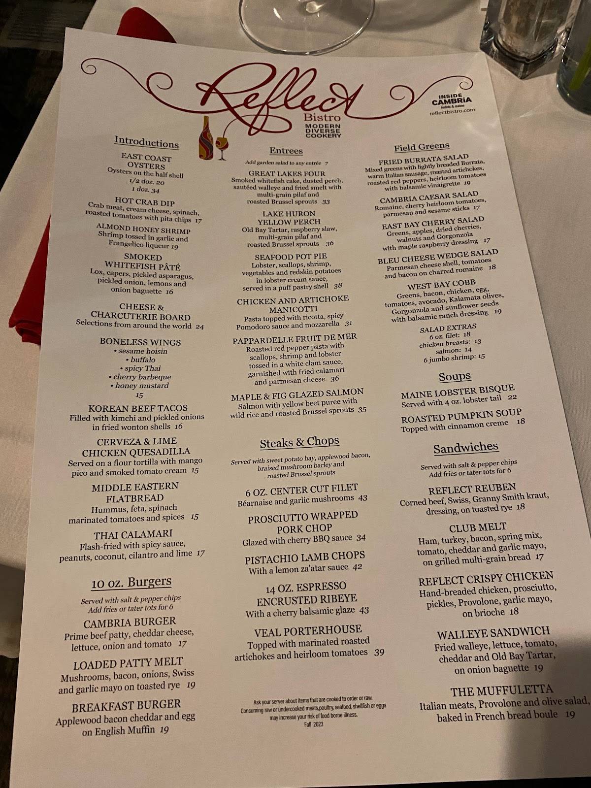 Menu at Reflect Bistro pub & bar, Traverse City